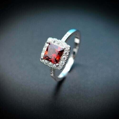 3Ct Princess Cut Simulated Red Garnet Halo Wedding Ring In 14K White ...