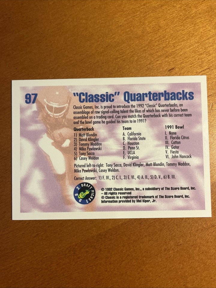 1992 Classic Draft Picks - Tommy Maddox, David Klingler, Tony Sacca #97 ...