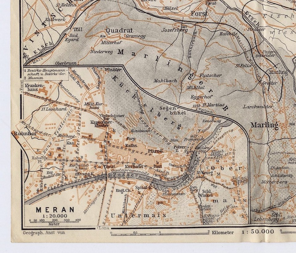 1910 ORIGINAL ANTIQUE MAP OF MERAN MERANO AND VICINITY / AUSTRIA ...
