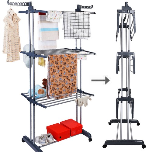 Clothes Drying Rack Rolling Collapsible Laundry Dryer Hanger Stand Rail ...