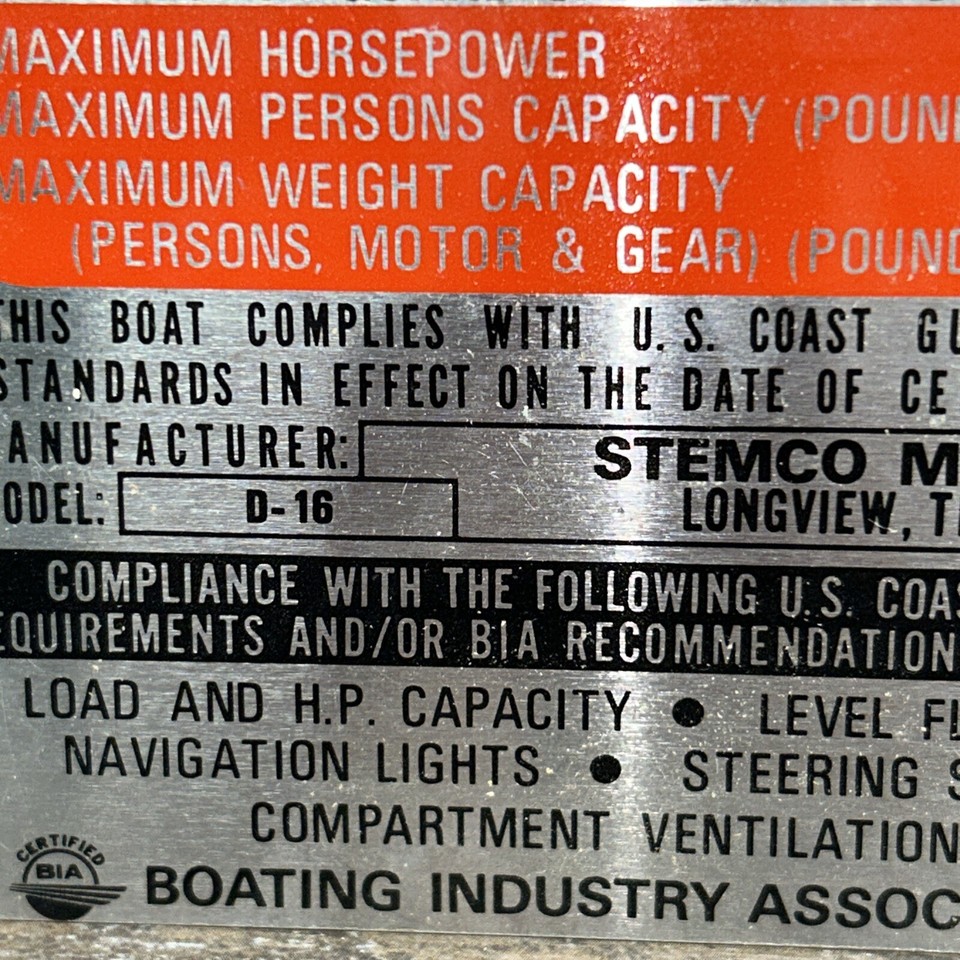 Vintage U.S. Coast Guard Capacity Plate Stemco Marine Longview Tx # D-16 | eBay