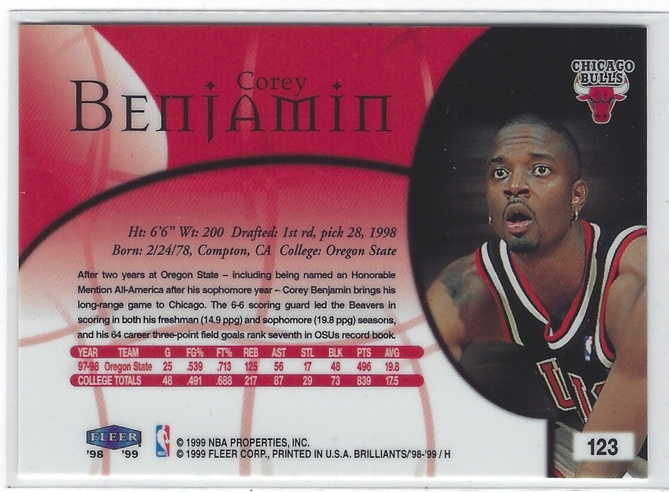 1998-99 FLEER BRILLIANTS COREY BENJAMIN RC #123 CHICAGO BULLS OREGON ...