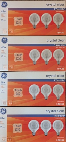 12 Bulbs GE 40-Watt Crystal Clear G25 Globe Bulbs w/Medium Base Vanity ...