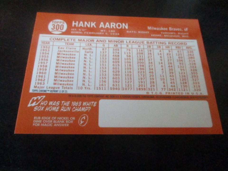 HANK AARON (atlanta braves) 2000 topps CHROME REPRINT CARD #300 mint | eBay