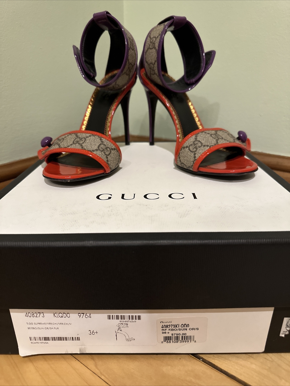 Gucci GG Supreme Mixed Color Stiletto Heels Logo Sand… - Gem