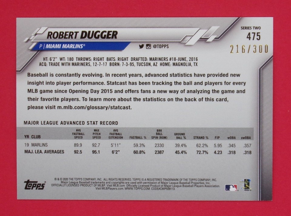 2020 Topps Robert Dugger 216/300 Advanced Stats #475 Miami Marlins | eBay