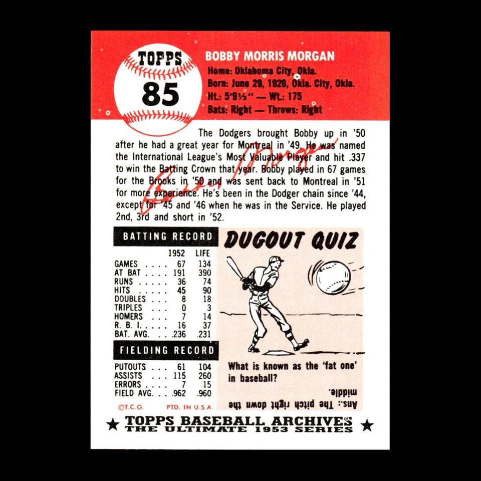 Bobby Morgan 1991 Topps Archives 1953 Brooklyn Dodgers #85 NM-MT GM 1 ...