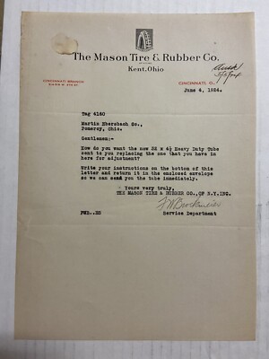 MASON TIRE & RUBBER CO ORIGINAL LETTER JUNE 4 1924 SERVICE DEPT | eBay