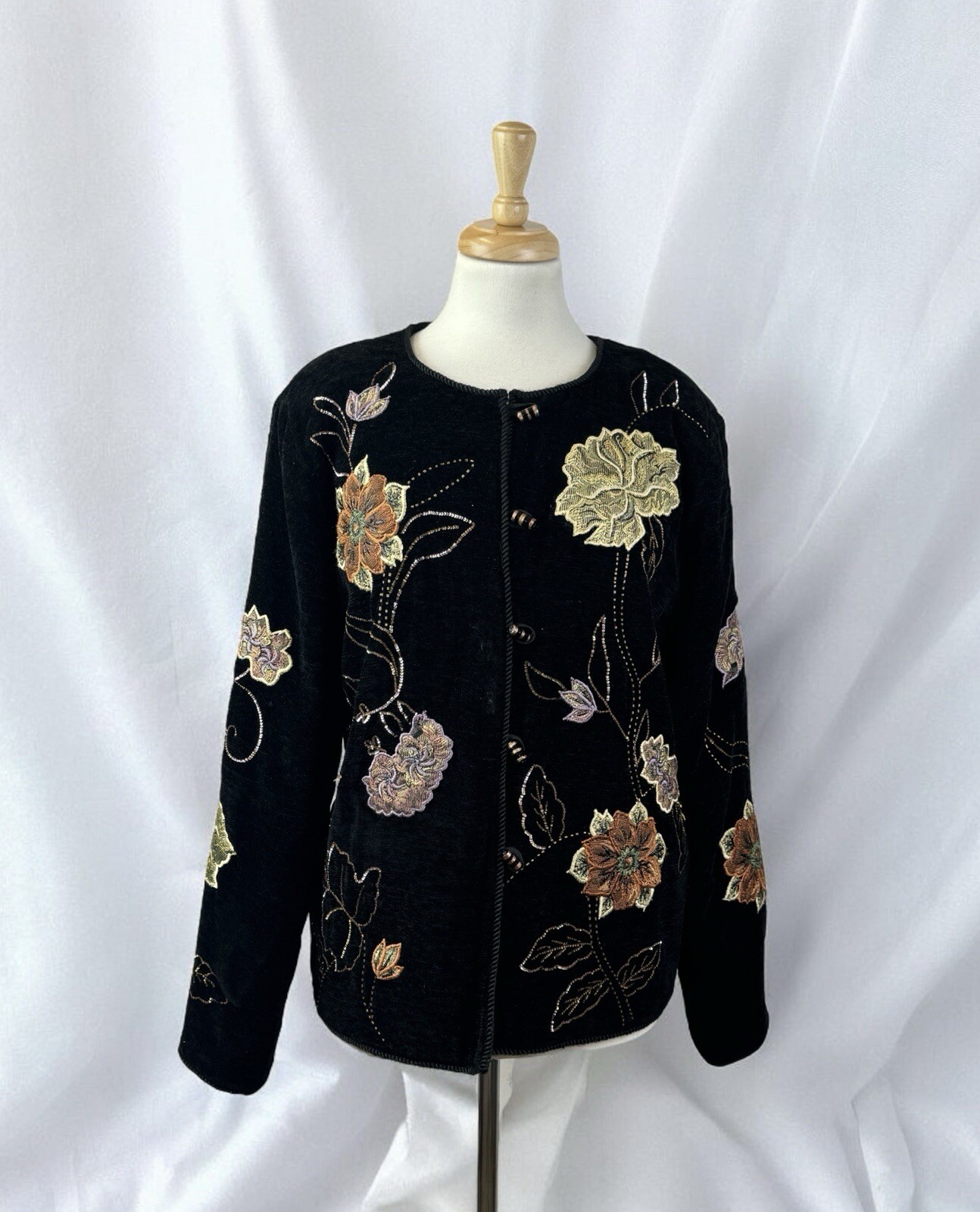 VTG Boho Jacket Blazer Black Velvet Beaded Sequin Flo… - Gem