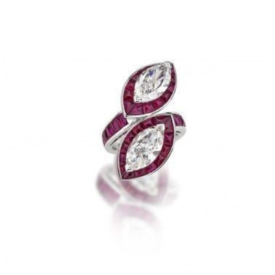 Lab Ruby & CZ Invisible Set Bypass Ring 925 Sterling Silver Cocktail ...