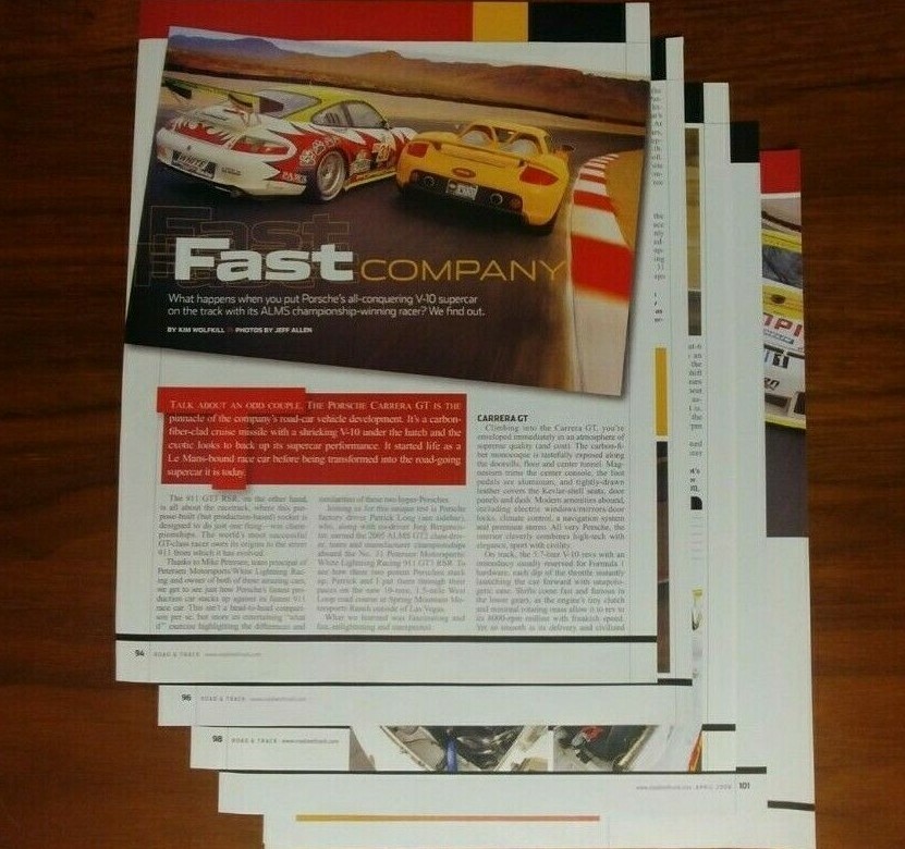 PORSCHE CARRERA GT MAGAZINE ARTICLE ALMS RACER 911 GT3 RSR ROAD AND ...