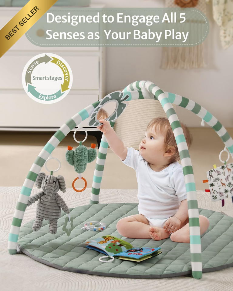 Baby Play Gym Mat 6 Toys Tummy Time Sensory Motor Skill Washable Sage ...