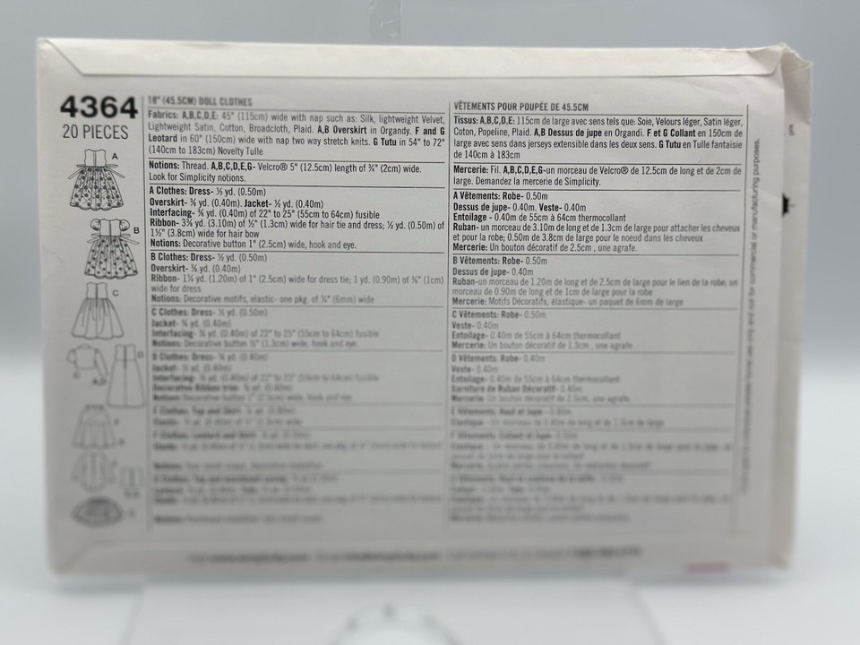 Vintage Simplicity Sewing Pattern Doll Clothes #4364 for 18" doll | eBay