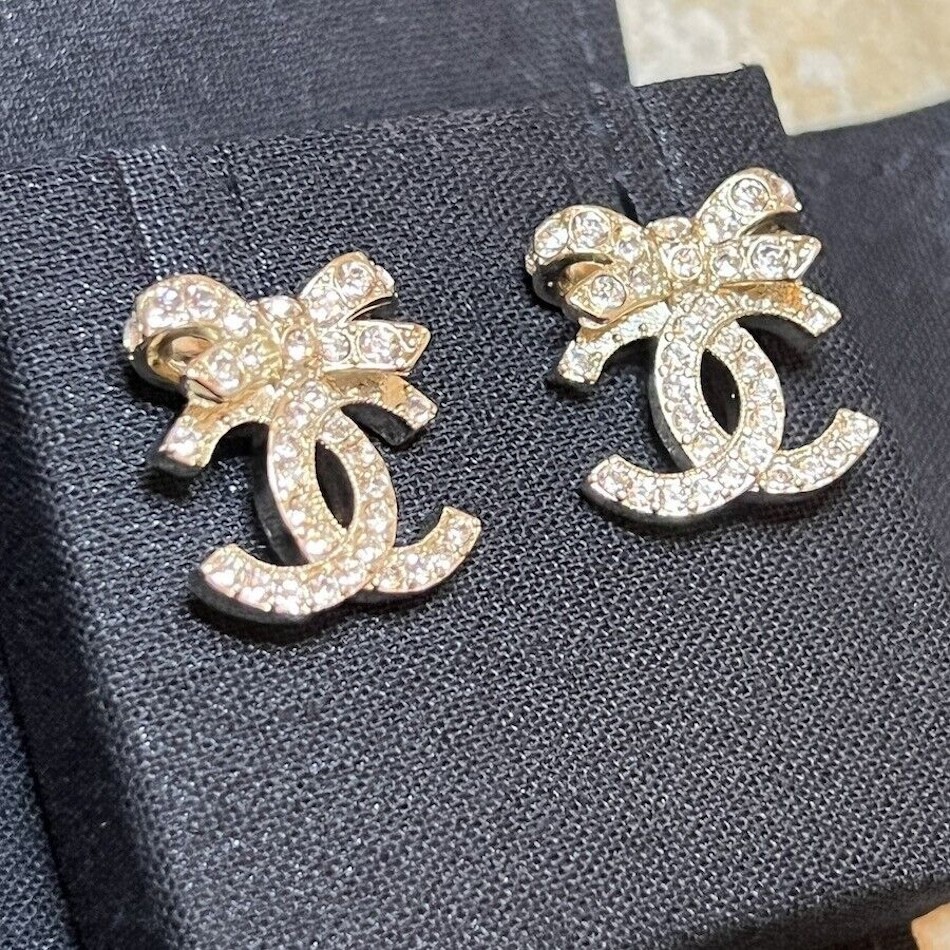 Authentic Chanel 2023 CC Logos RHINESTONES Bow Stud Gold Tone Earrings ...