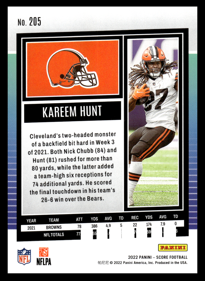 2022 Panini Score Kareem Hunt #205 Cleveland Browns NFL Football Base ...