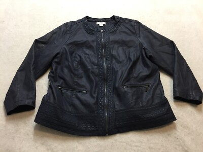 CJ Banks Pleather Jacket Plus Size 1X Dark Blue Embroidered Faux ...