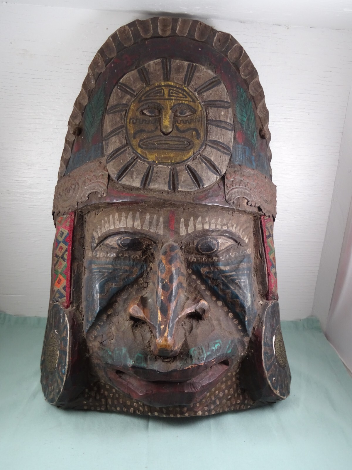 Native Chief Sun God Headdress Hand Carved Wood Painted Face Mask Metal ...