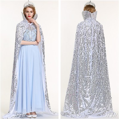 Silver 71" Long Cloak Coat Scales-Sequin Satin Cape Beauty Pageant ...