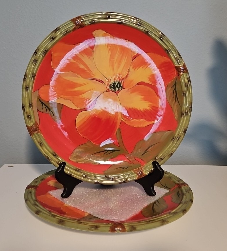 Set of 2 Raymond Waites Amazon Tropical Flower Bamboo 11" Dinner Plates ...