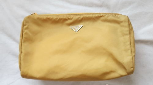 PRADA Pouch Yellow Nylon Triangle Logo Cosmetic Bag Accessory Case Used ...