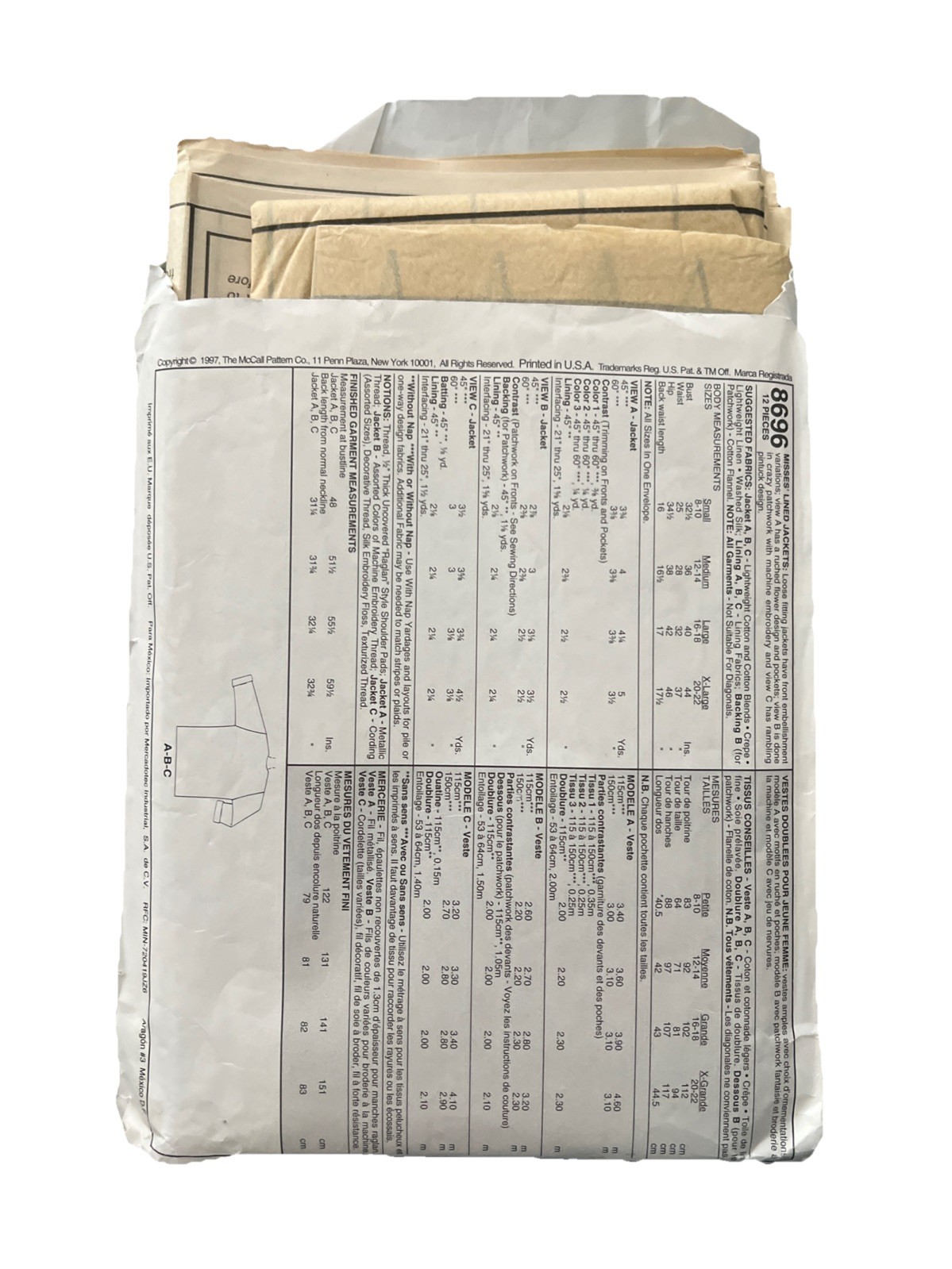 McCALL 8696 Misses Sewing Pattern Quilted Embroider Lined Jacket Coat ...