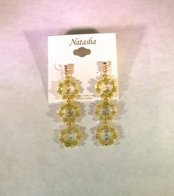 Natasha gold tone pale green flower & crystals triple ring drop stud ...