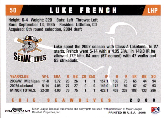 2008 Erie Seawolves Grandstand #22 Luke French Littleton Colorado ...