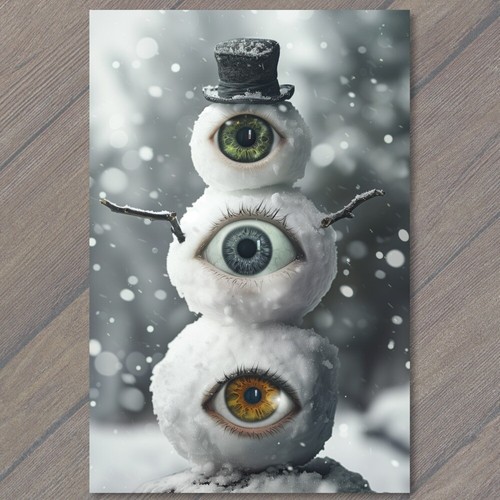 POSTCARD Snowman Eyes Eyeballs Winter Christmas Tree Creepy Weird Snow ...