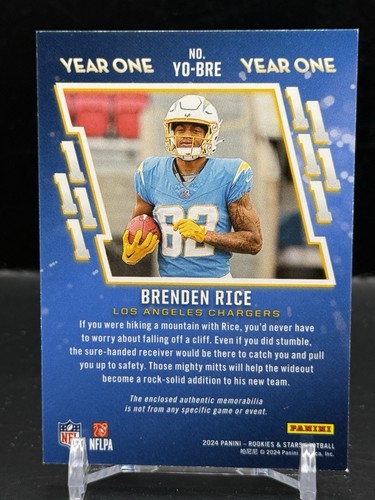 2024 Rookies & Stars Year One Patch Brenden Rice Los Angeles Chargers ...