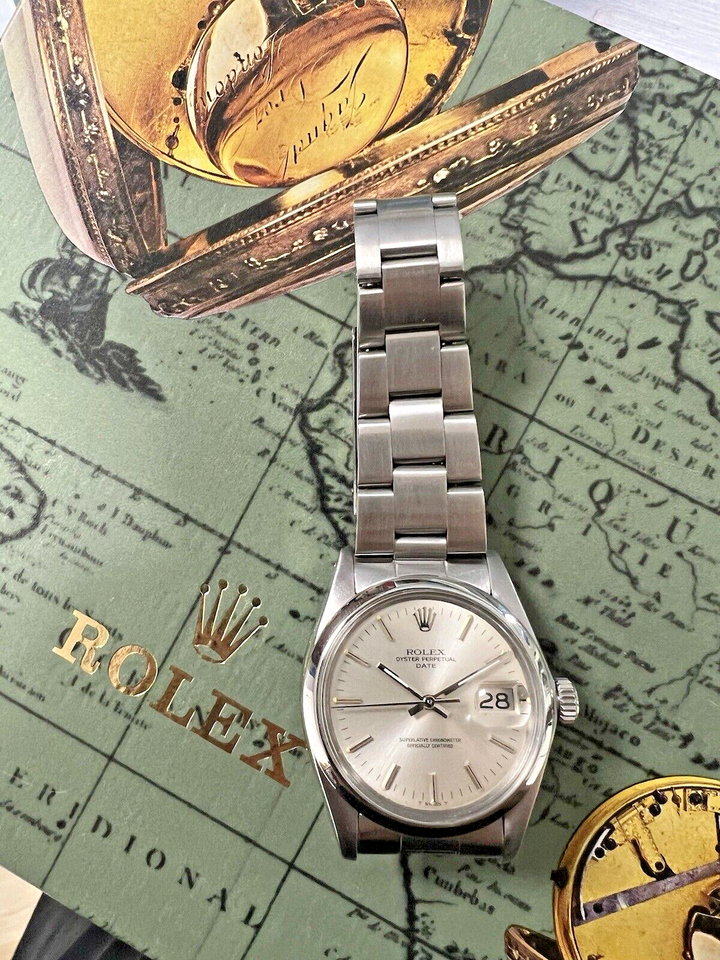 Mens Rolex Oyster Perpetual Date Stainless Steel Silver Dial 34mm Watch ...