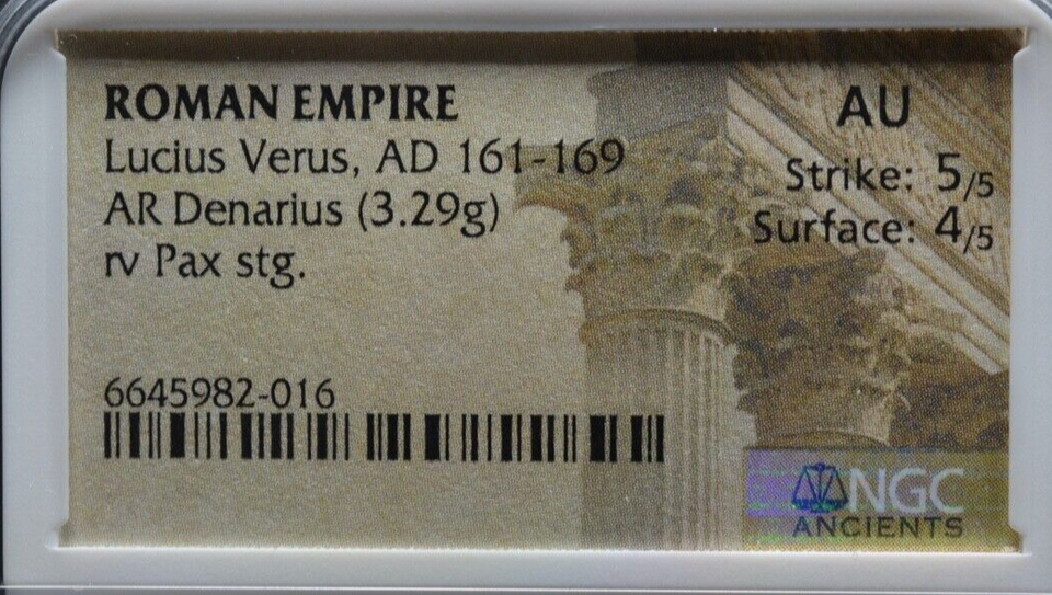 LUCIUS VERUS, AD 161-169, AR DENARIUS, NGC CERTIFIED-AU 5 STRIKE (333 ...