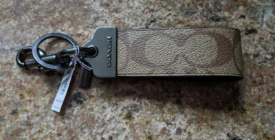 Coach Loop Key Fob In Signature Canvas Khaki signature Gun metal NWT | eBay