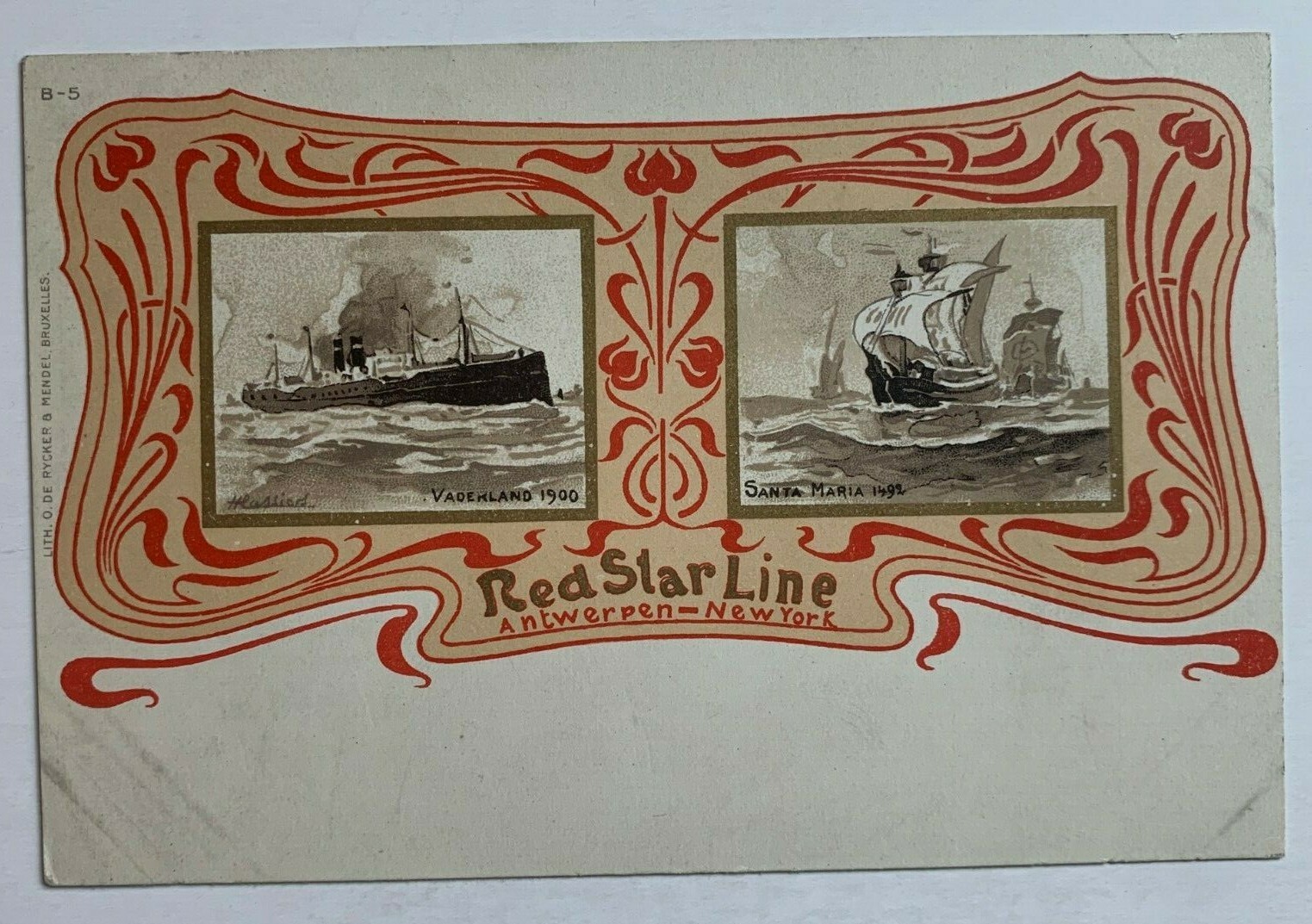 Postcard Red Star Line Antwerp - NY steamer ship SS Vaderland H ...