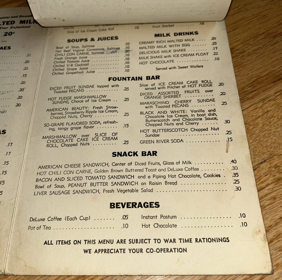 1942 Vintage WALGREEN'S DRUG STORE Restaurant Menu - Milwaukee | eBay