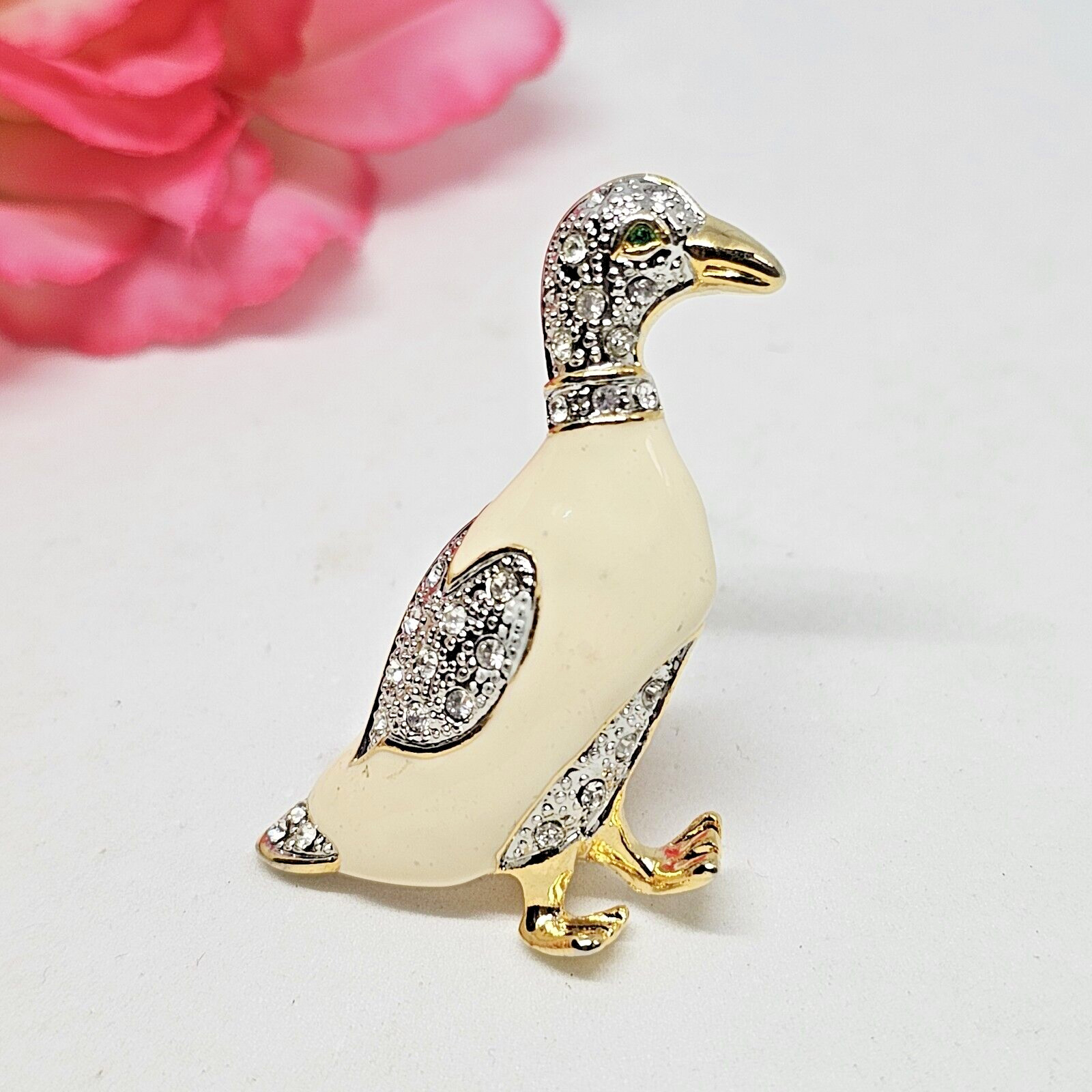 White Enamel Rhinestone Duck Brooch Pin - Gem
