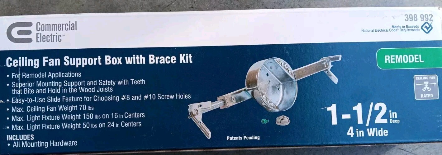 Commercial Electric Ceiling Fan Support Box Brace Kit 1-1/2in Dx4in ...