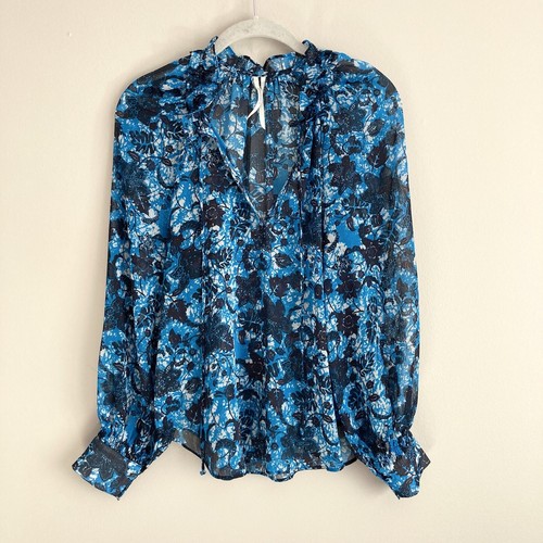Anthropologie Womens Semi Sheer XS Blouse Blue Tie Floral V-Neck Top ...