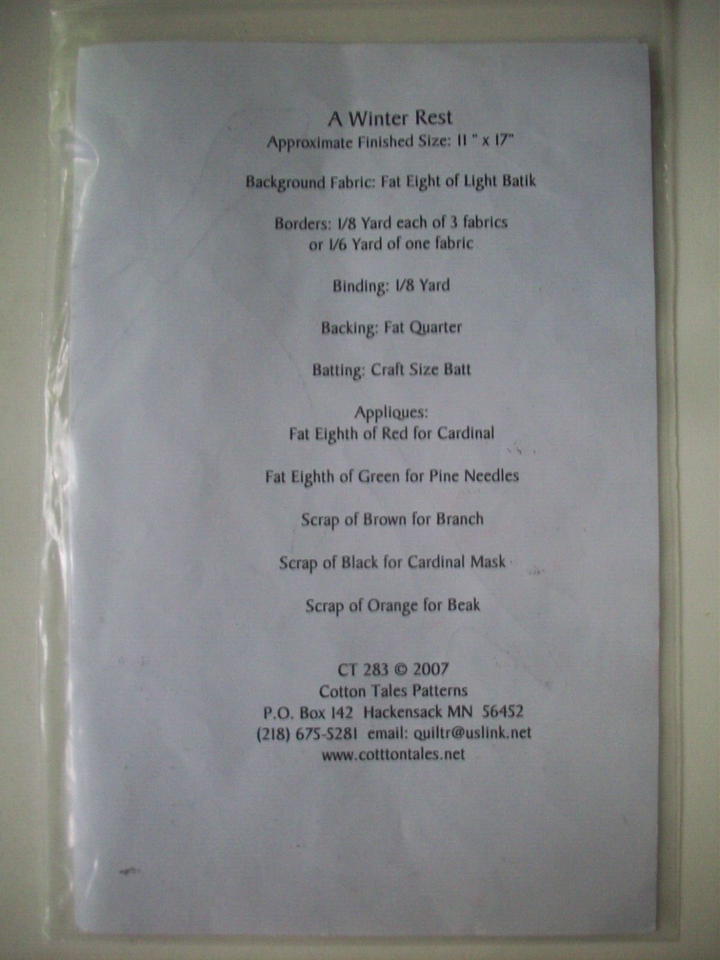 A Winter's Rest Cardinal in pines applique quilt pattern uncut *A5 | eBay