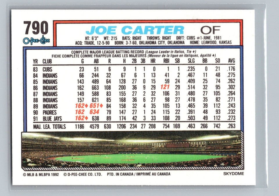 1992 O-Pee-Chee Joe Carter #790 - Toronto Blue Jays - Canadian/French ...