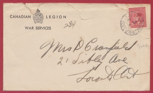 POSTED BARRIEFIELD (VIMY) (ARMY CAMP) MPO 302 TO TORONTO, FEB 4, 1943 ...