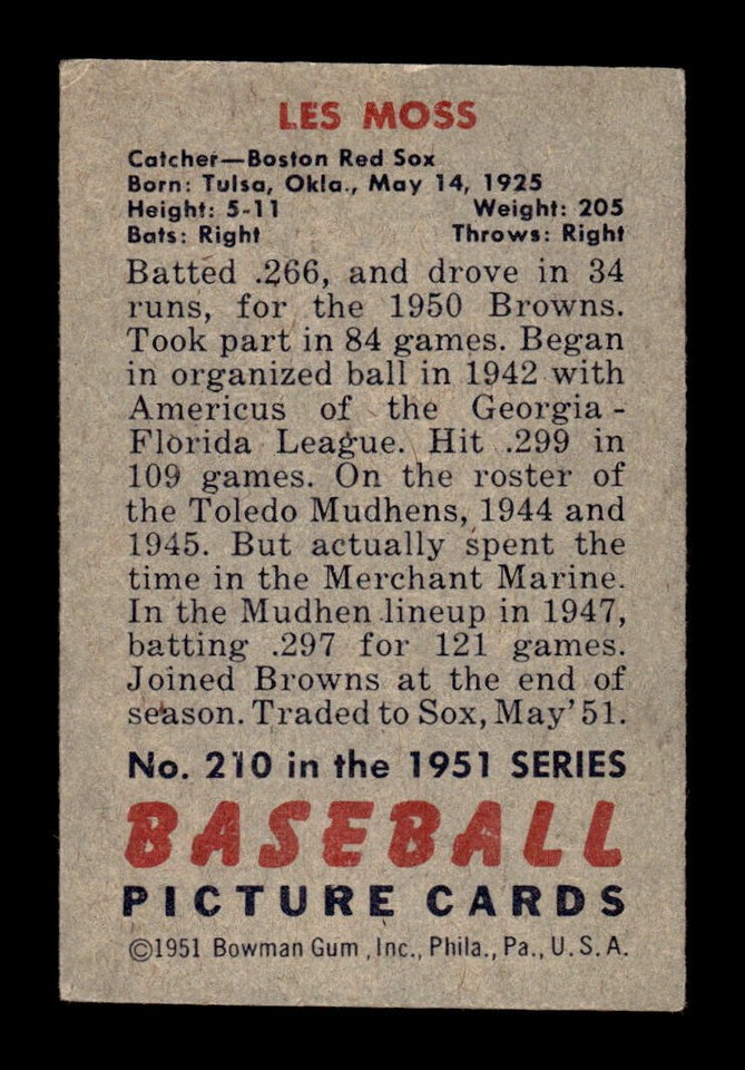 1951 Bowman Baseball #210 Les Moss Very Good Boston Red Sox | eBay