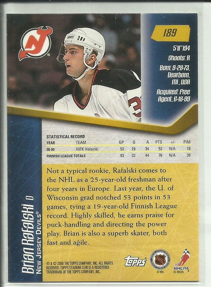 1999-00 Topps Stadium Club #189 Brian Rafalski Rookie New Jersey Devils ...