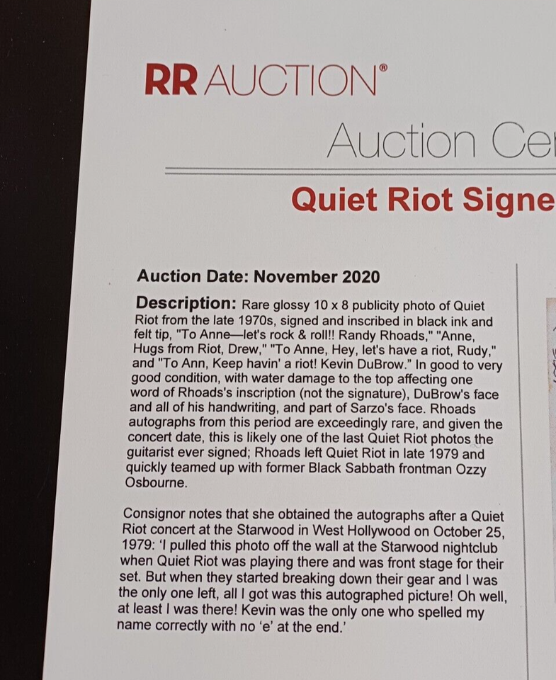RANDY RHOADS SIGNED /AUTOGRAPH QUIET RIOT PROMOTIONAL PHOTOGRAPH ...