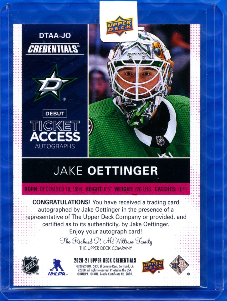2020/21 Upper Deck Credentials JAKE OETTINGER AUTO ROOKIE STARS /49 ...
