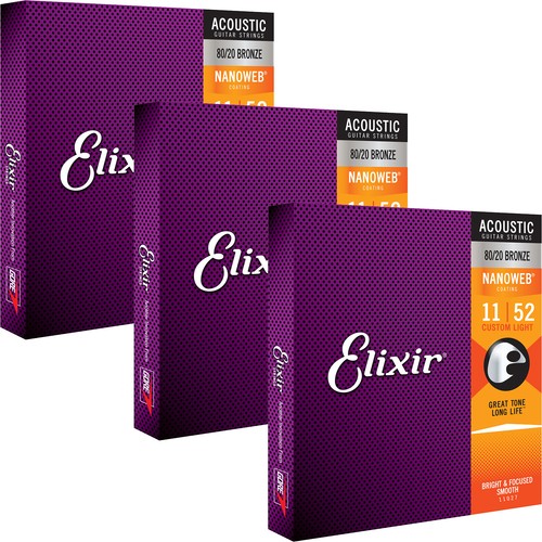 3 Sets Elixir 11027 NANOWEB 80/20 Custom Light Acoustic Guitar Strings ...