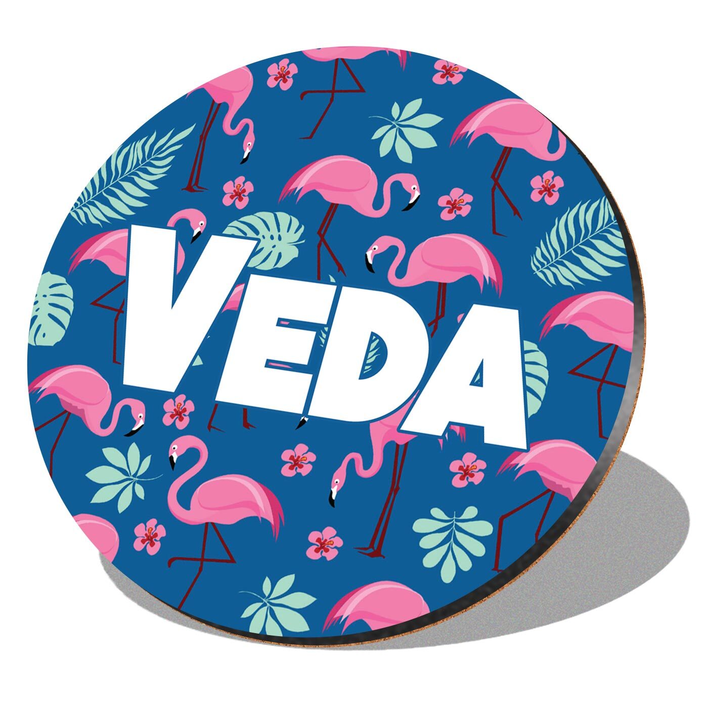 1 x Round Coaster - Name Veda Tropical Flamingo Palm Flower Lettering ...