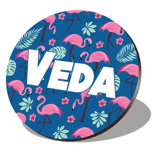 1 x Round Coaster - Name Veda Tropical Flamingo Palm Flower Lettering ...