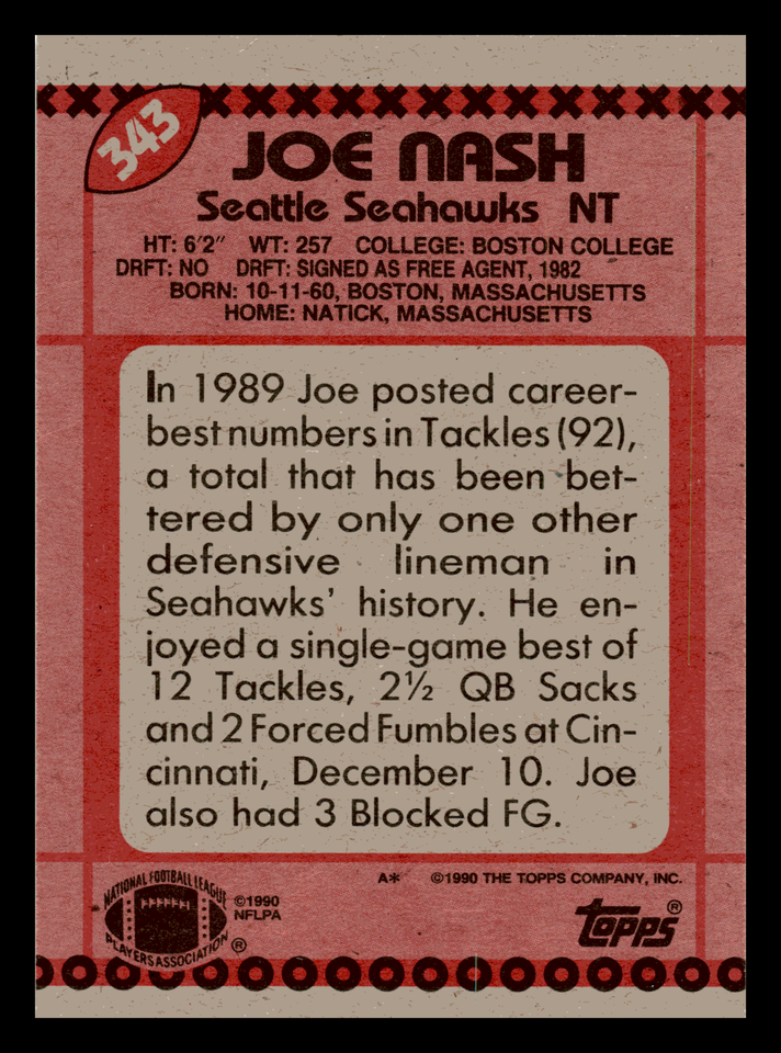 1990 Topps Joe Nash Seattle Seahawks #343 NM-MINT | eBay