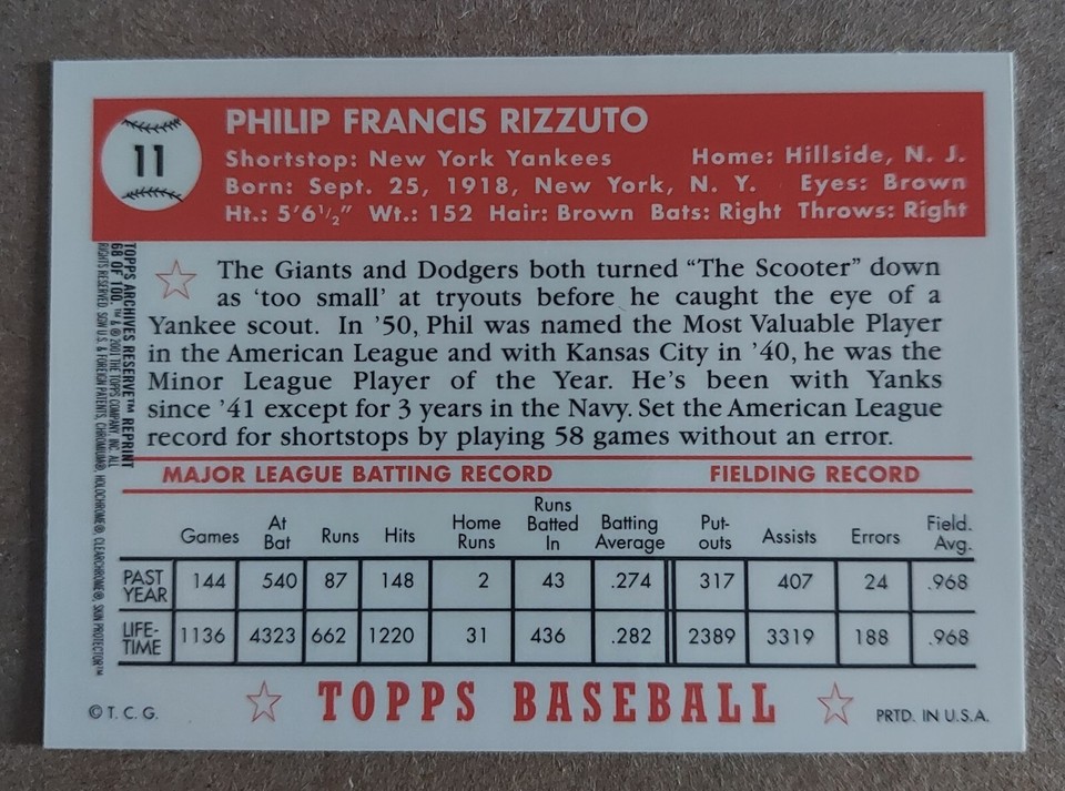 2001 Topps Archives Reserve PHIL RIZZUTO #68 Refractor 1952 Reprint ...