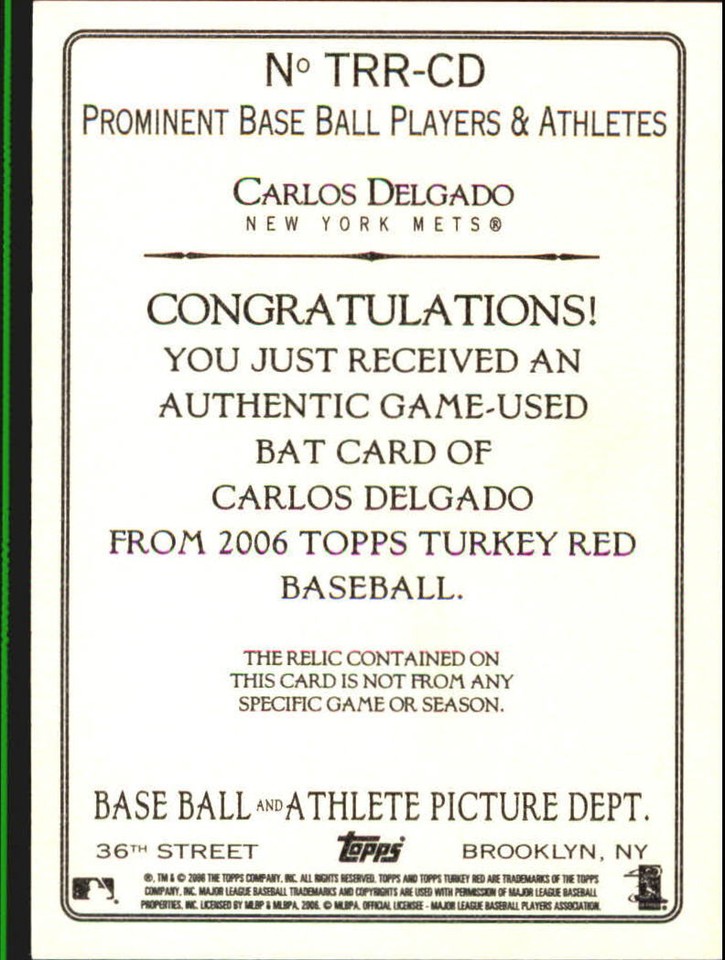 2006 Topps Turkey Red Relics #CD Carlos Delgado Bat A - NM-MT | eBay